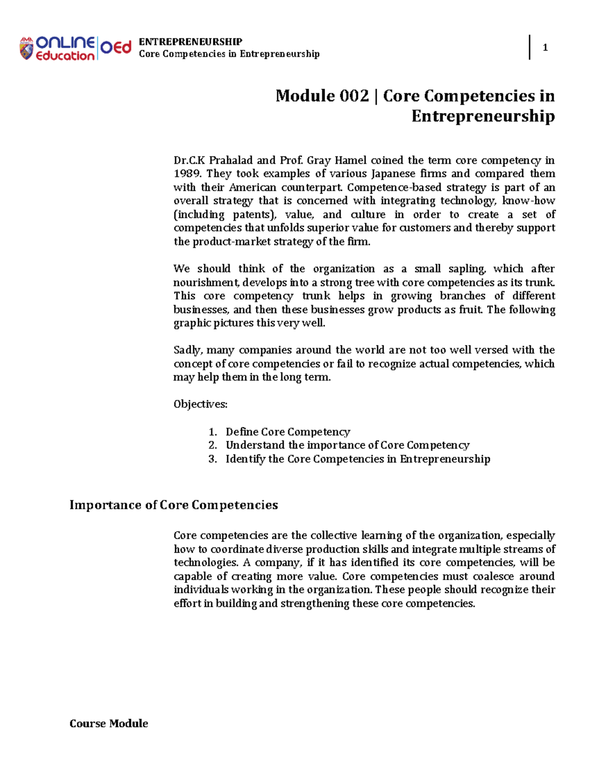 Week 2 - Week 2 - ENTREPRENEURSHIP Core Competencies in ...