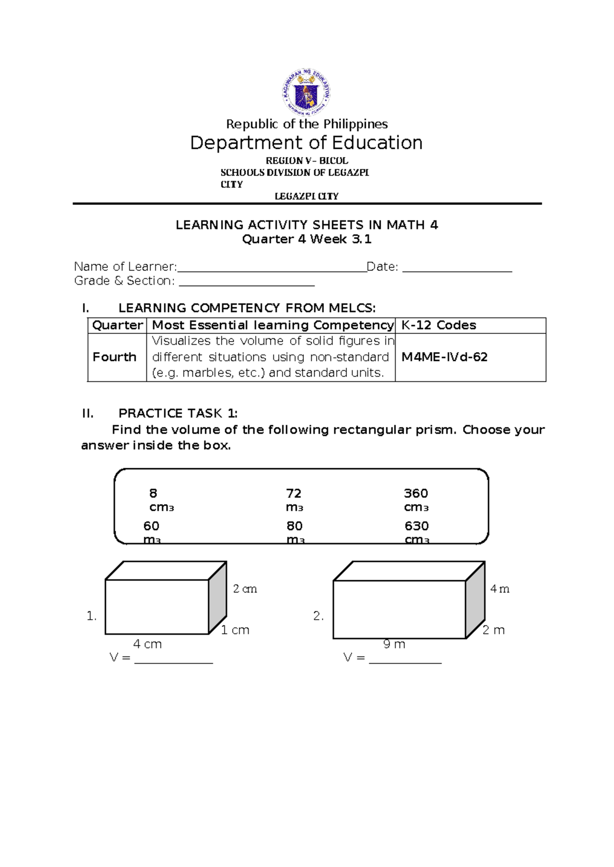 SSES 4 Learning Activity: Visualizing Volume of Solid Figures - Studocu