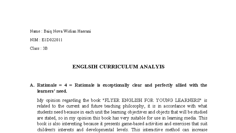 ENGLSIH CURRICULUM ANALYSIS: Evaluating 'ENGLISH FOR YOUNG' Book - Studocu