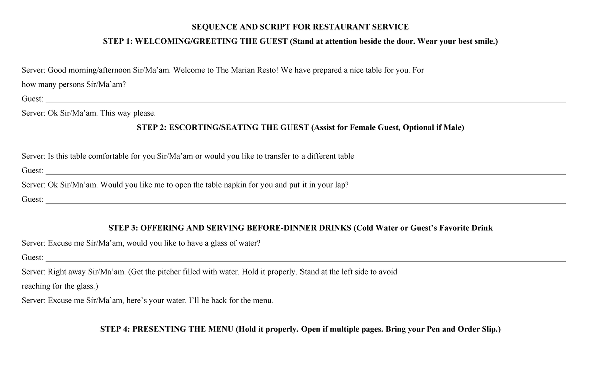 Script for Welcoming Guests in Restaurant Service Process - Studocu