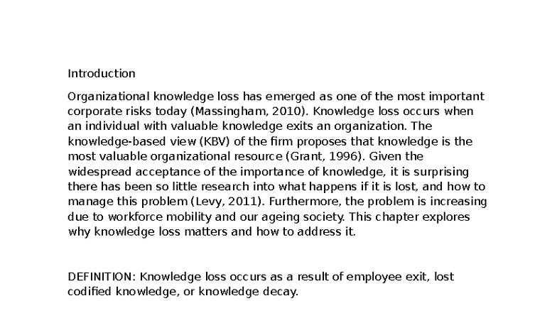 Chapter 6 - Causes of Knowledge Loss & Retention Strategies (MGT 301 ...