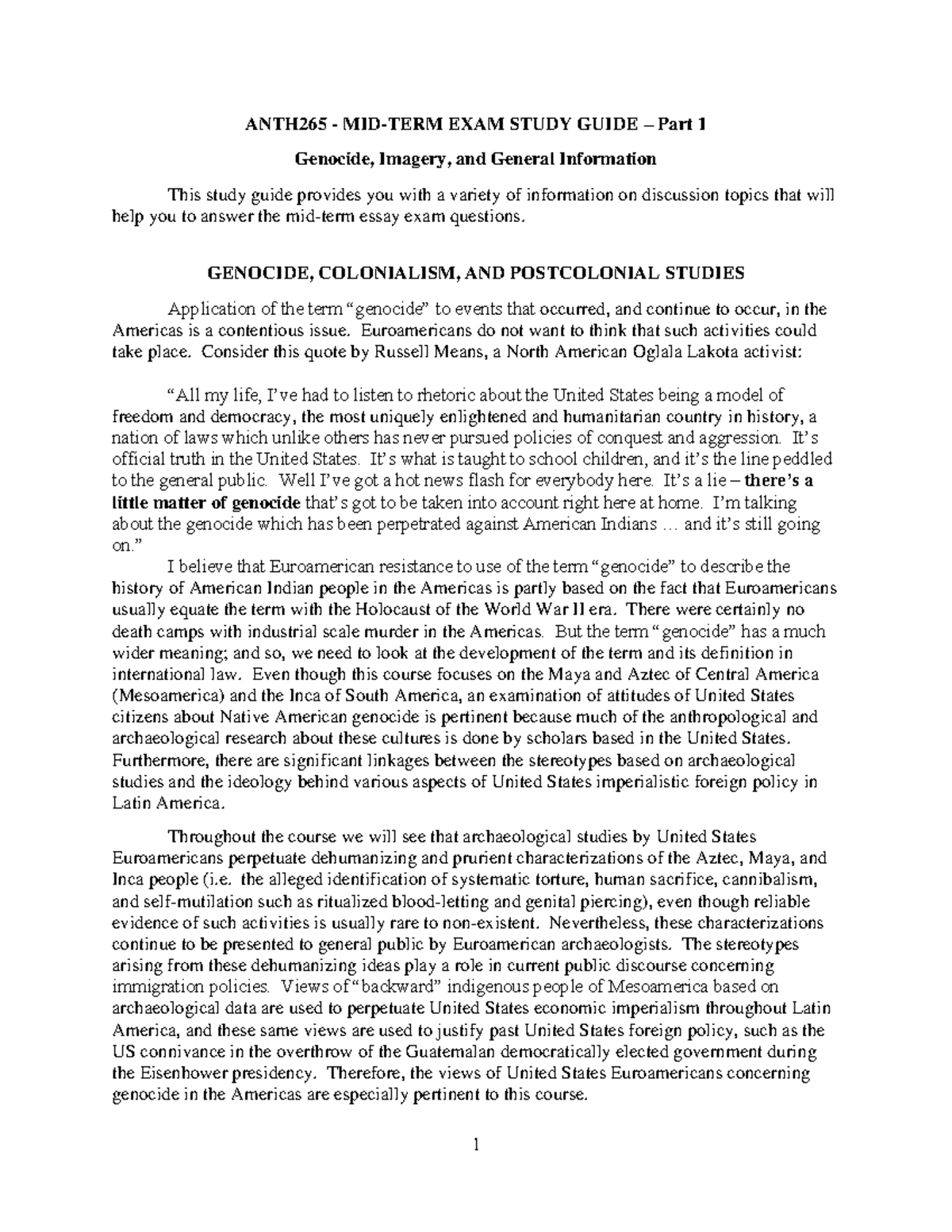 ANTH265 mid-term exam study guide No. 1 - ANTH2 65 - MID-TERM EXAM ...