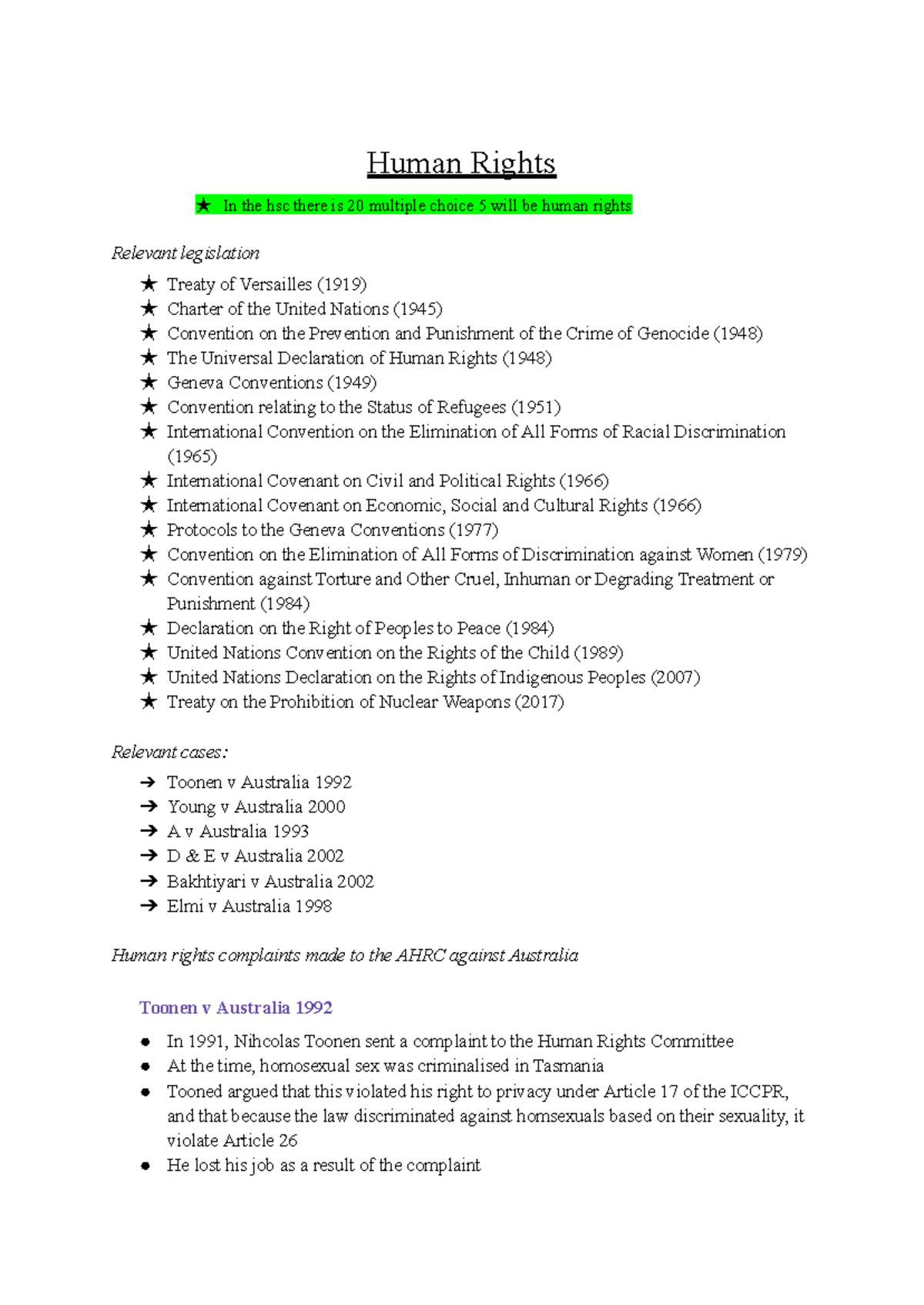 Human Rights Notes for HSC: Key Legislation and Cases - Studocu