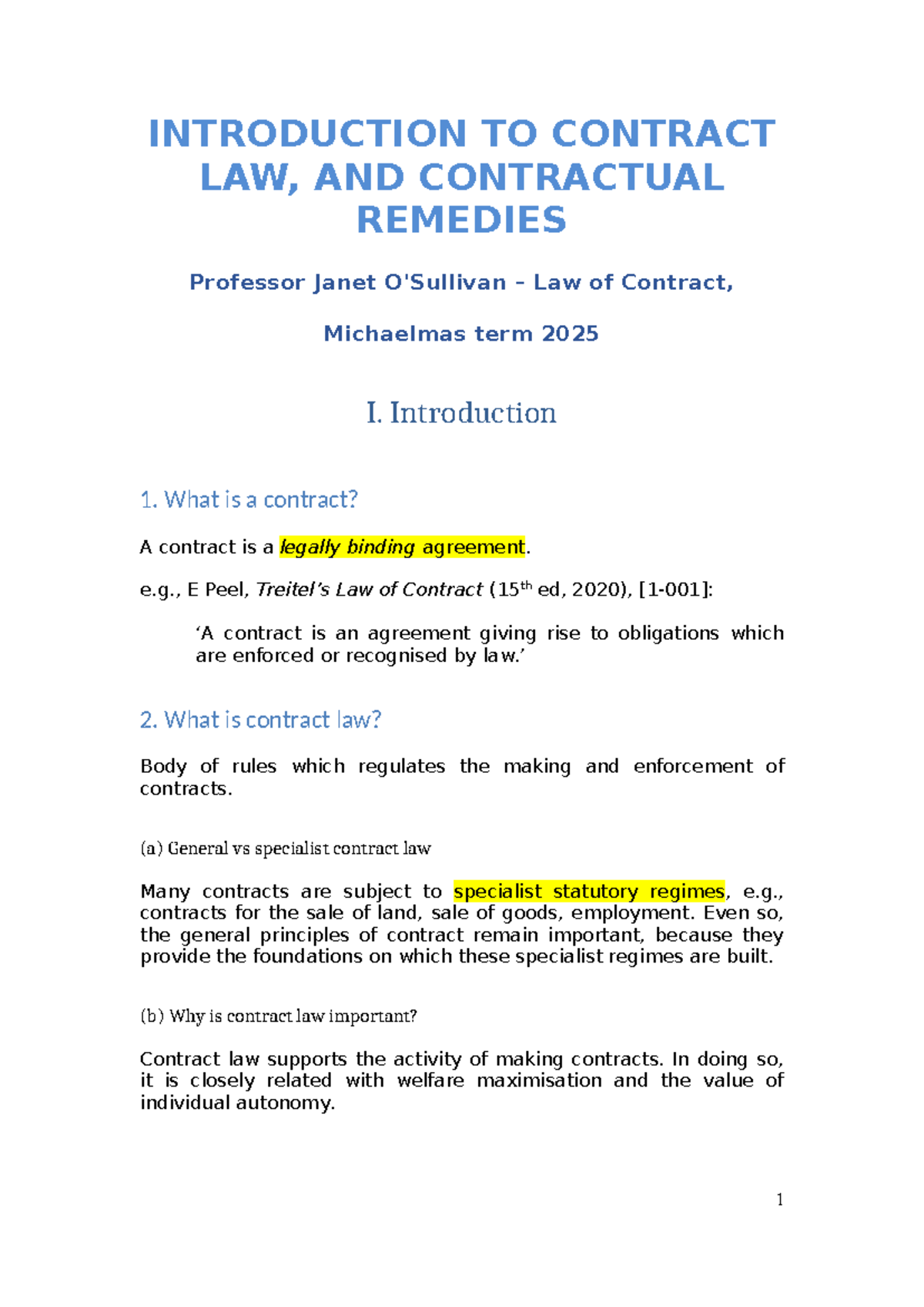 Contract Law & Remedies Overview (LAW 101) - Handout 2025 - Studocu