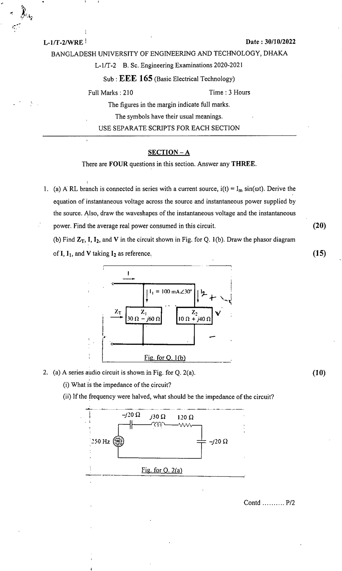 B.Sc. Engineering Exam: Basic Electrical Technology (EEE 165) - Studocu