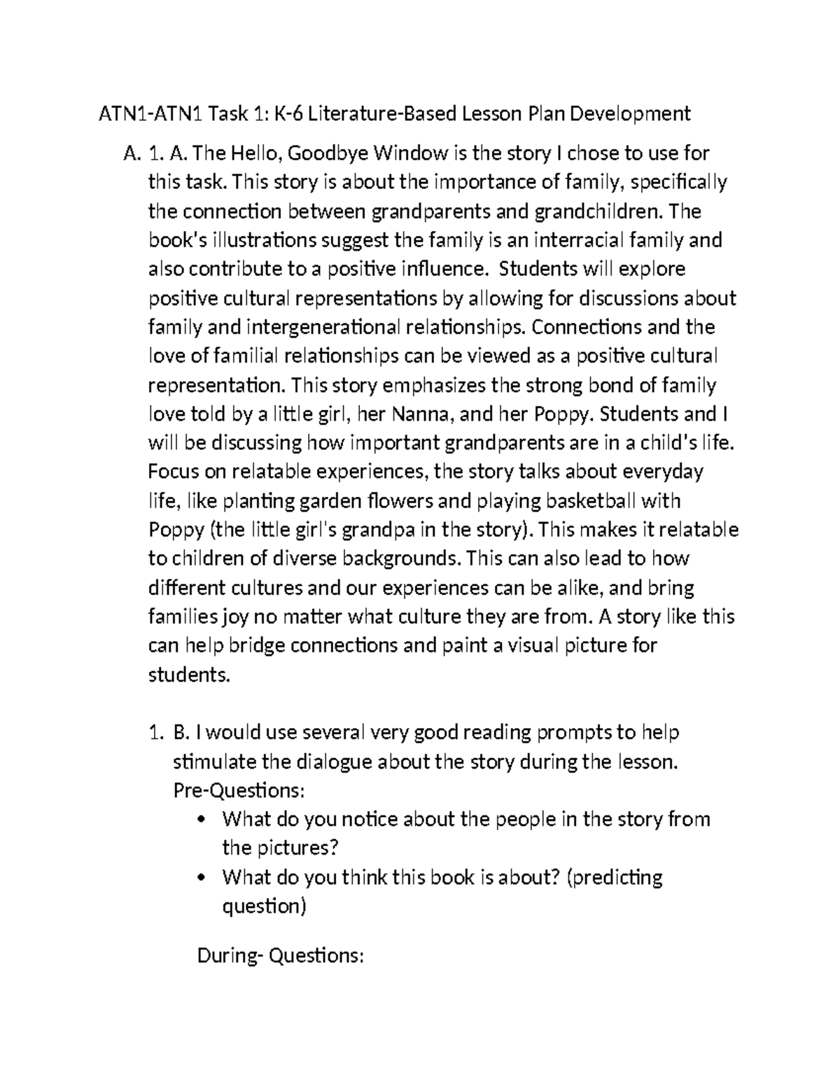 ATN1 Task 1: Literature-Based Lesson Plan on Family Connections - Studocu