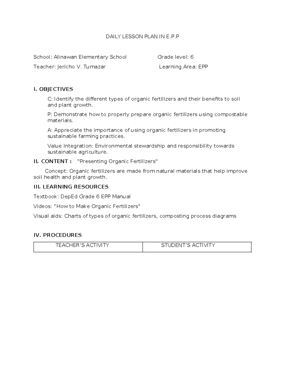 Daily Lesson Plan in EPP 6 - DAILY LESSON PLAN IN E.P School: Alinawan ...