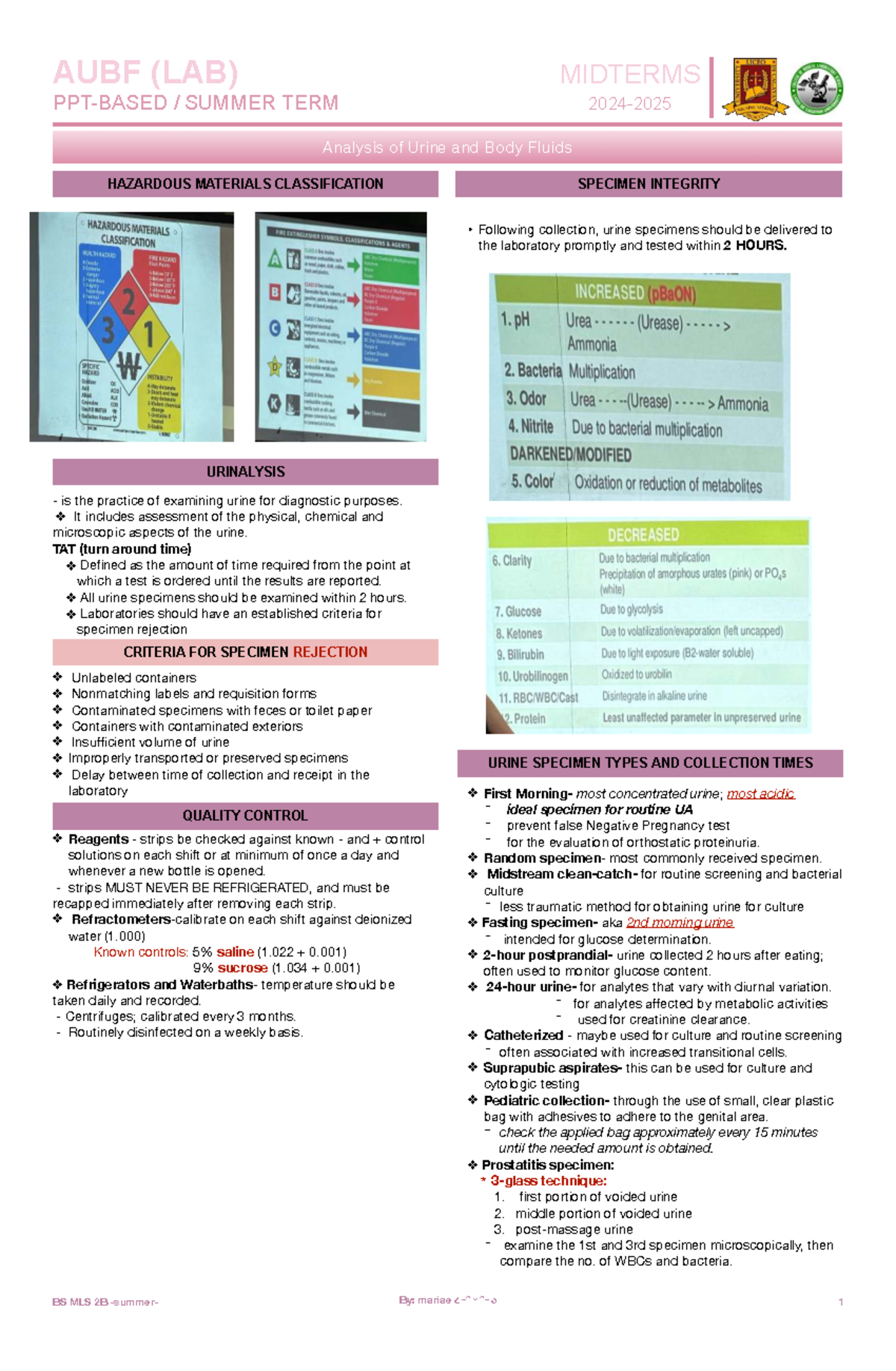 AUBF (LAB) MIDTERMS SUMMER TERM Urinalysis and Specimen Integrity Guide - Studocu