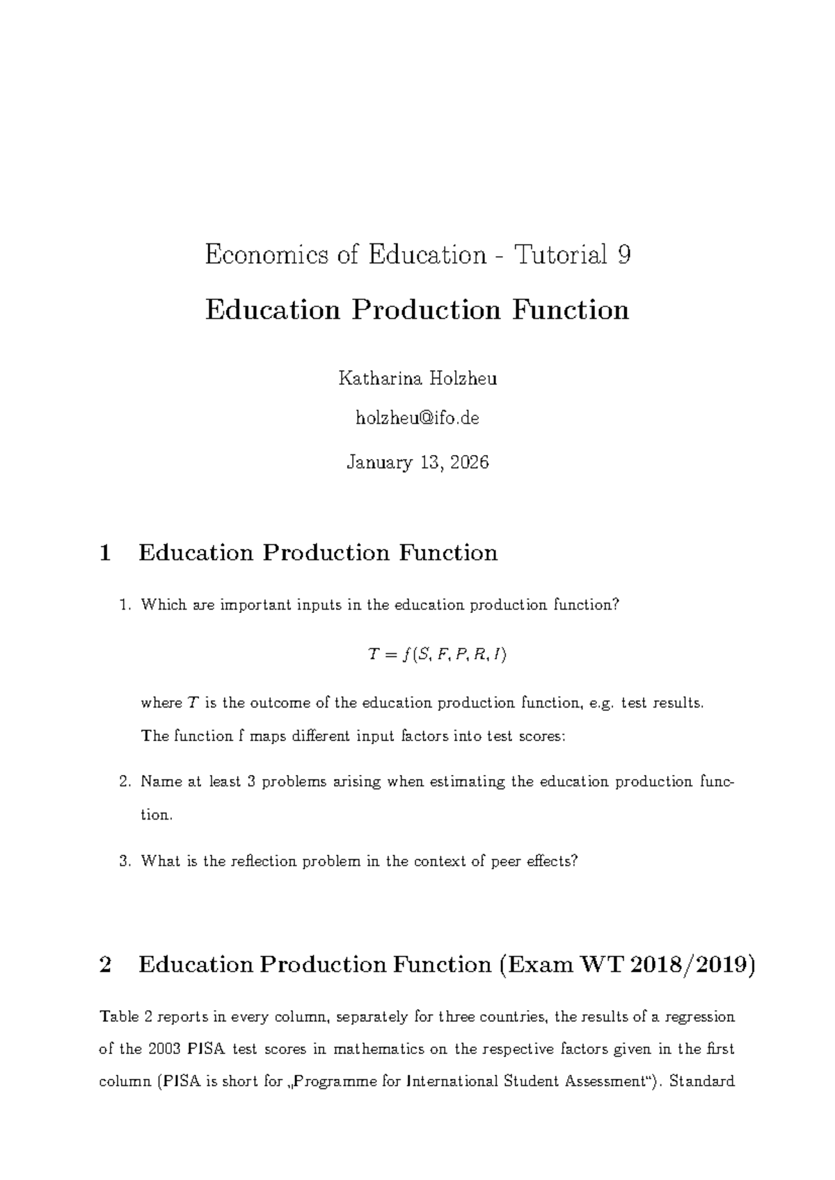 Economics of Education Tutorial 09: Education Production Function Analysis - Studocu