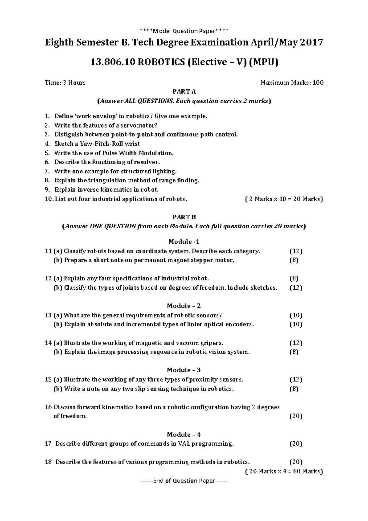 Robotics Model Question - Model Question Paper Eighth Semester B. Tech ...