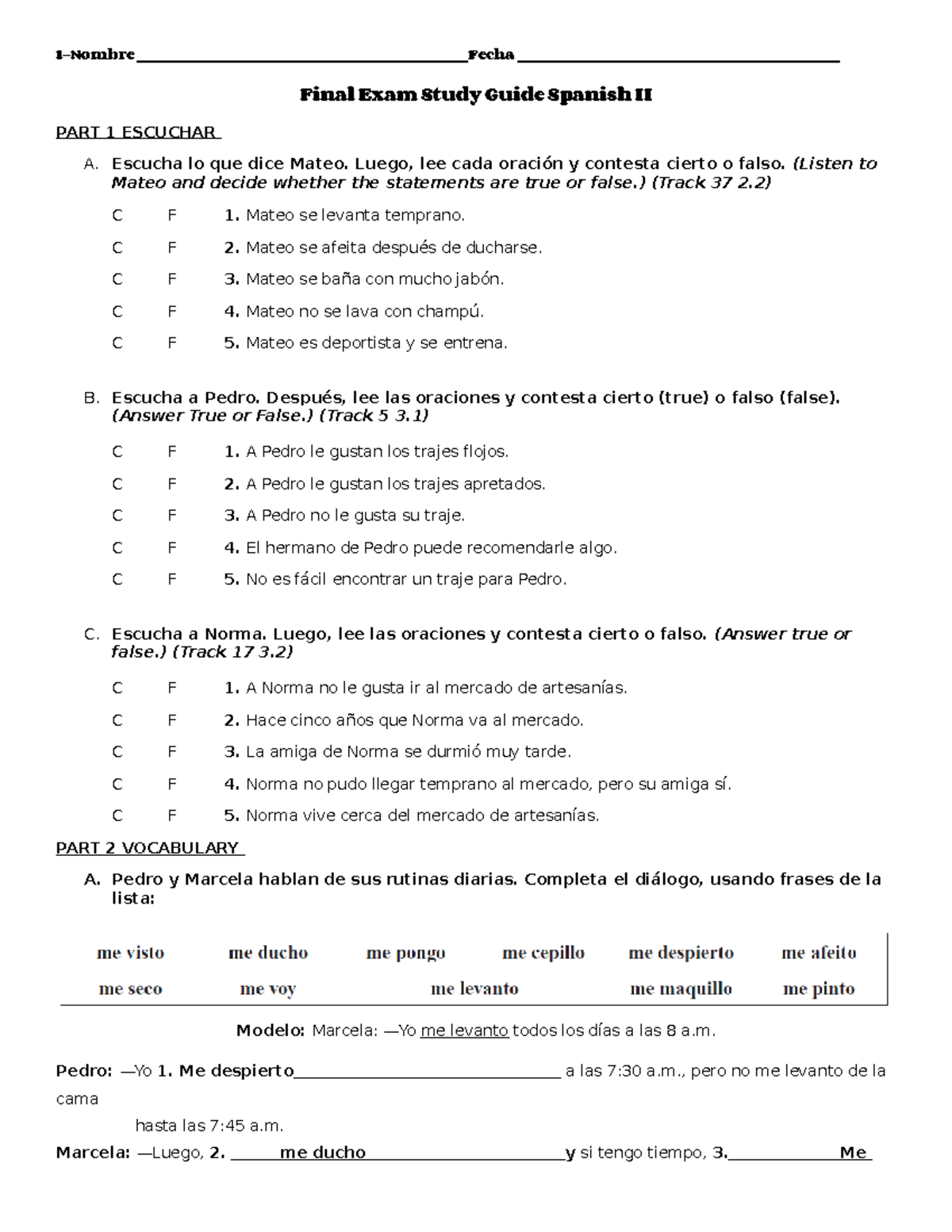 Spanish II Sp2 Final Exam Study Guide and Practice Questions - Studocu