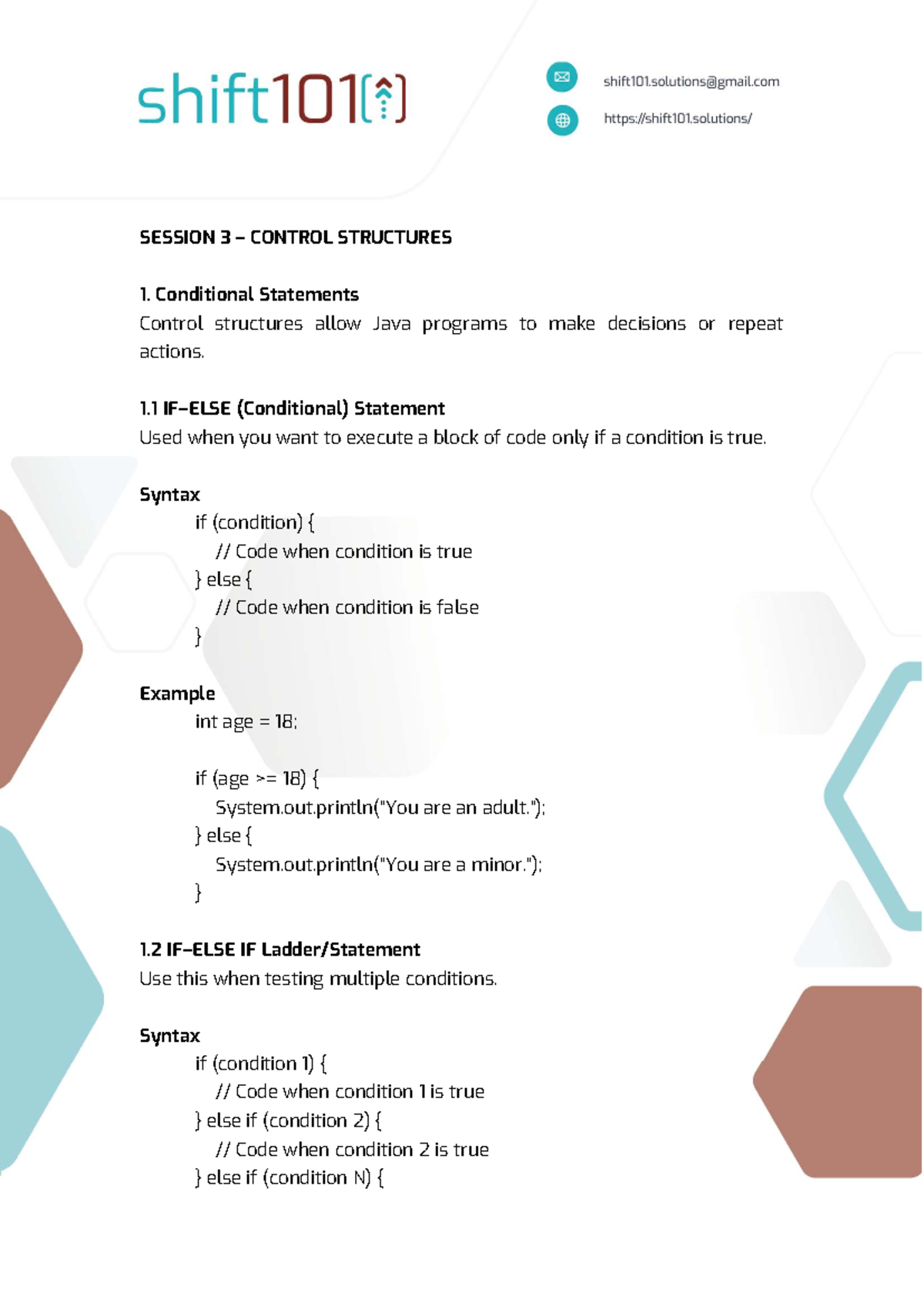 Session 3: Java Control Structures and Conditional Statements - Studocu