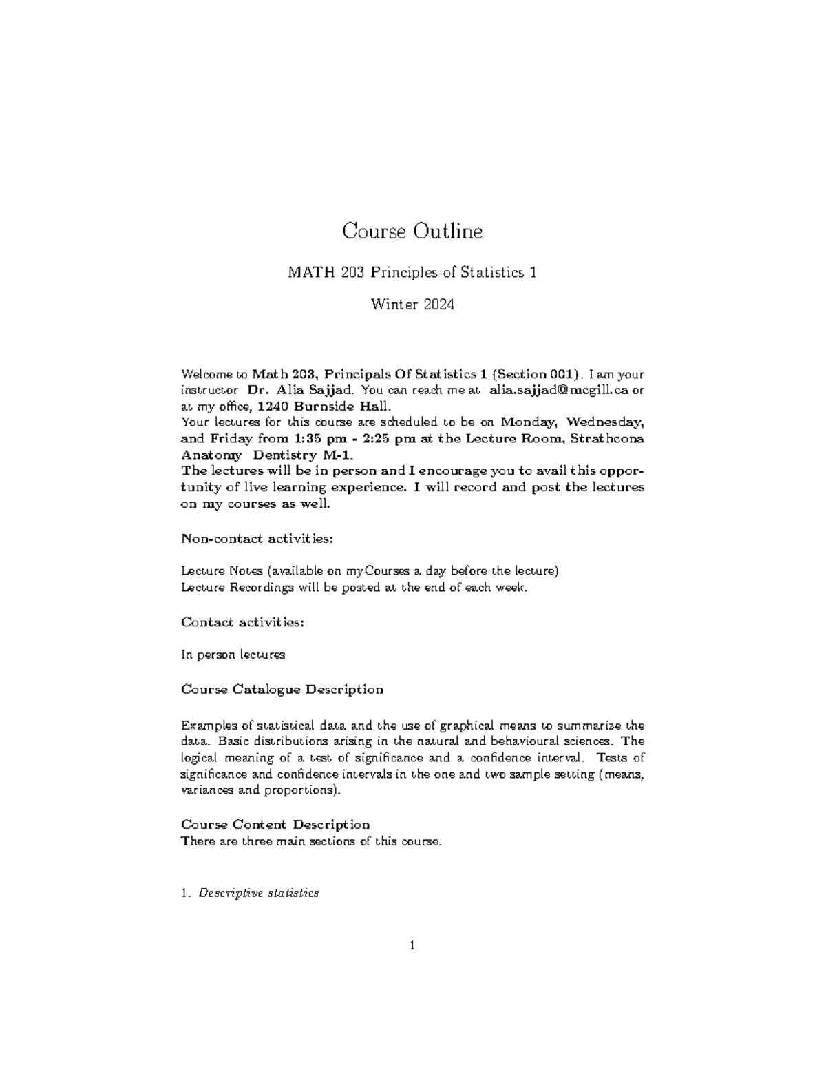 Math 203 W24 Principles of Statistics Course Outline and Overview - Studocu