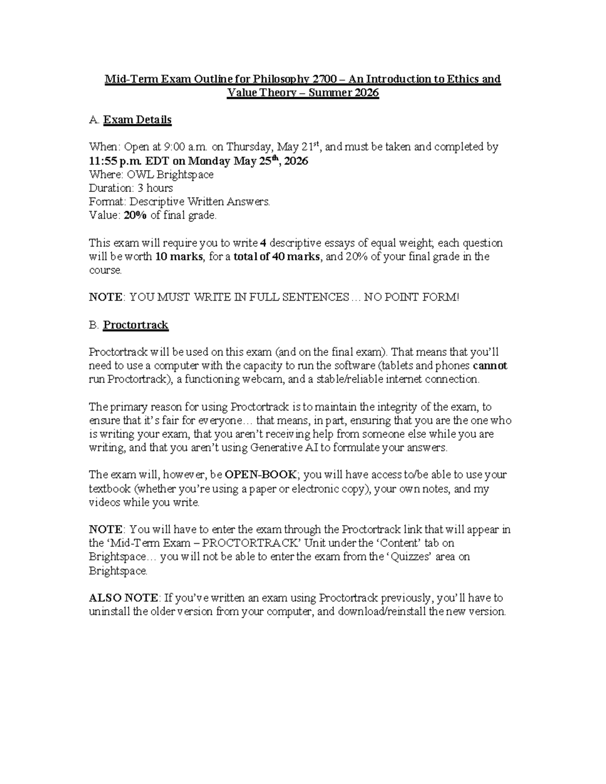 Philosophy 2700 Mid-Term Exam Outline: Ethics & Value Theory Summer ...
