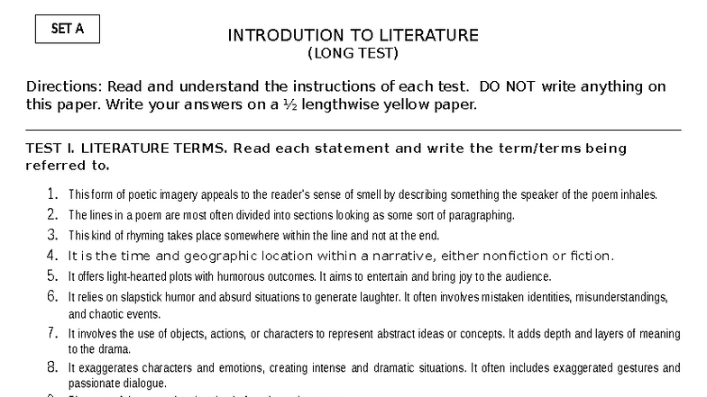 Long test in CNF - INTRODUTION TO LITERATURE (LONG TEST) Directions ...