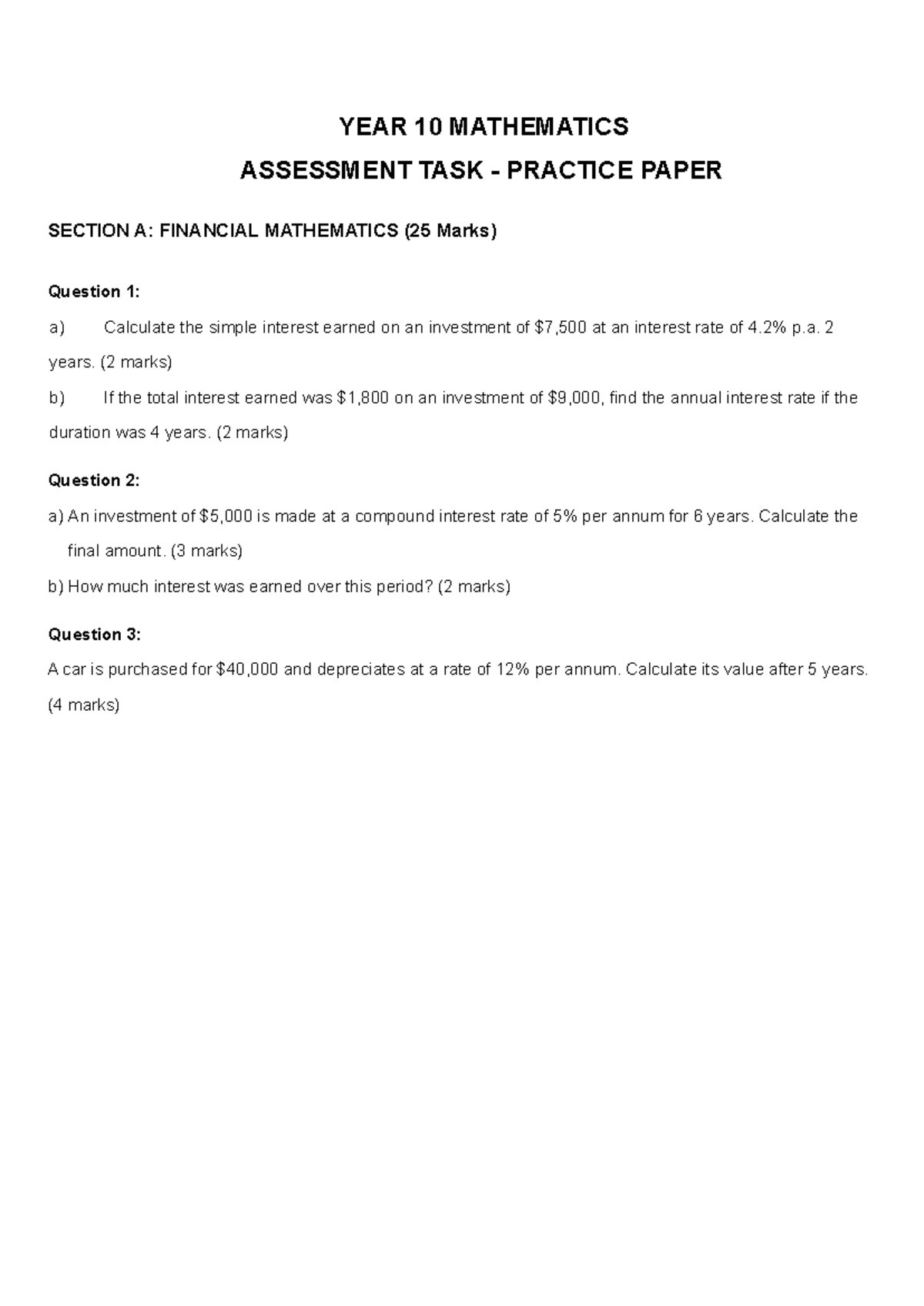 Yr10 Math Assessment - Financial Mathematics Practice Paper - Studocu