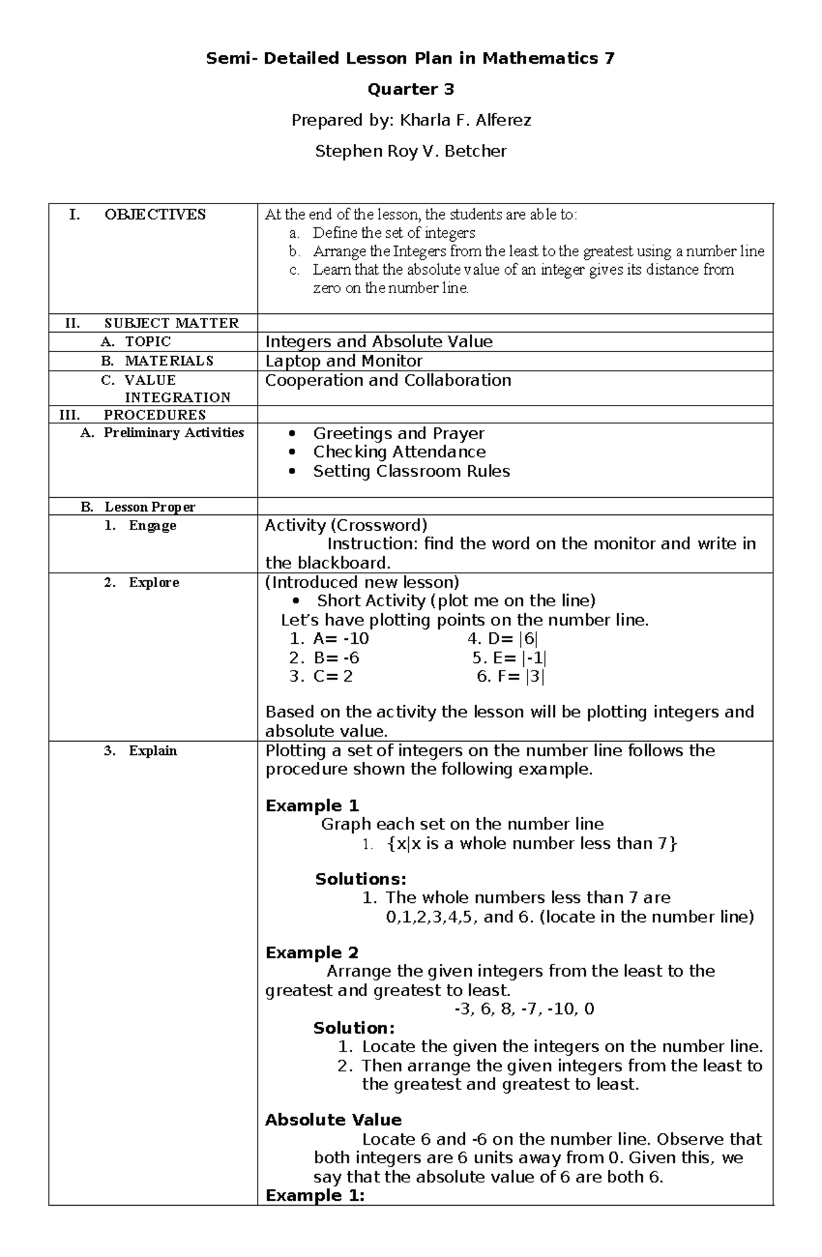 LP 1 - Detailed Lesson Plan on Integers & Absolute Value (Math 7) - Studocu