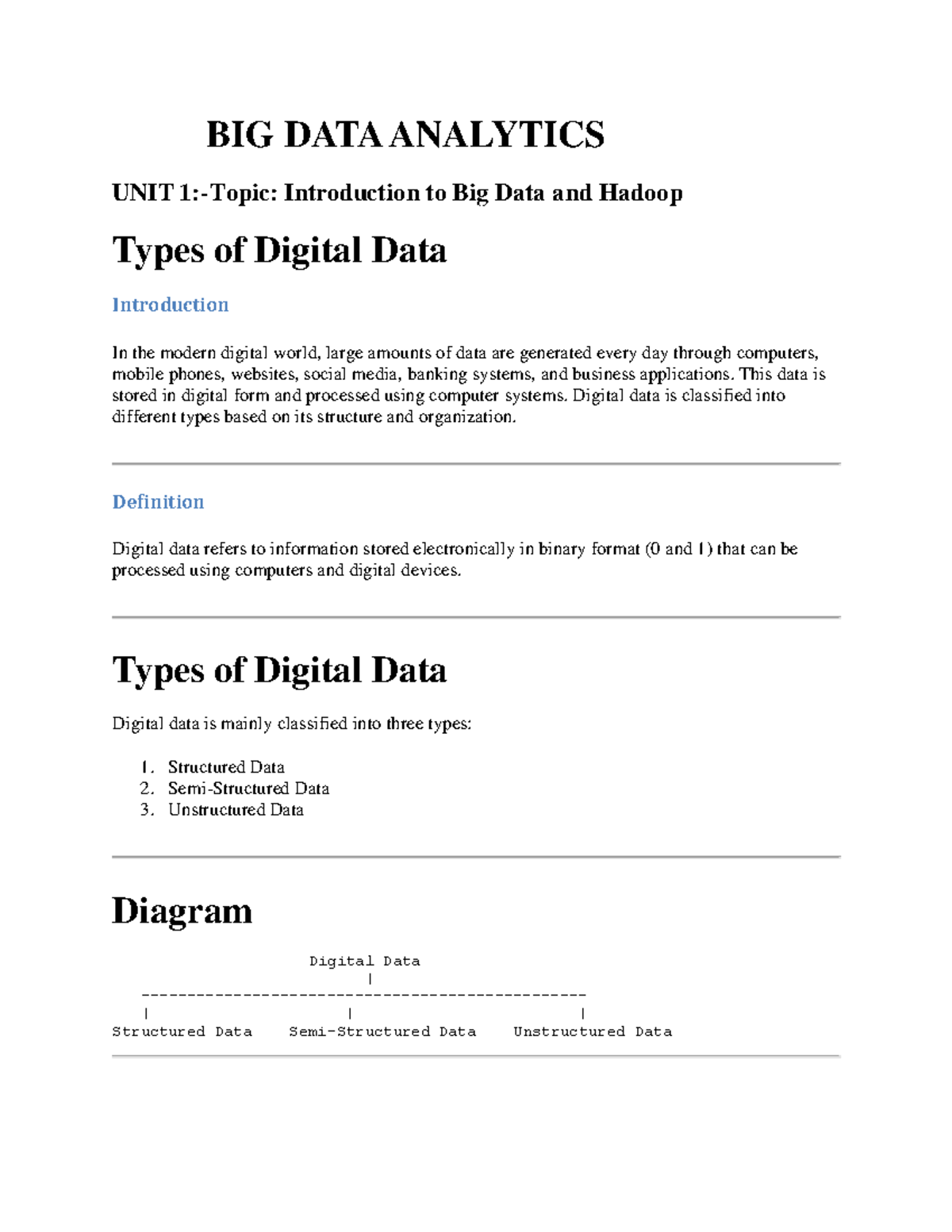 BIG DATA ANALYTICS UNIT 1: Introduction to Big Data and Data Types ...