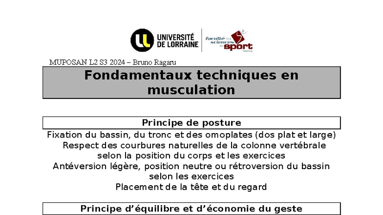 MUPOSAN L2 S3 2024 Techniques Fondamentales en Musculation - Studocu