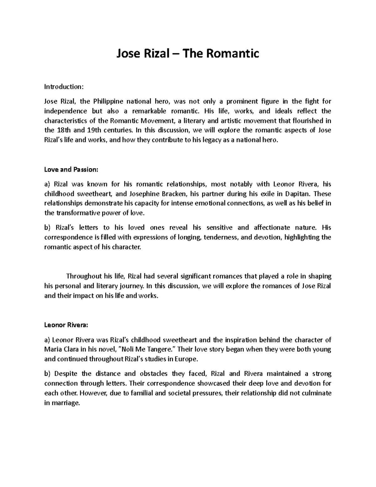 Jose Rizal: The Romantic Hero and His Intense Love Life - Studocu