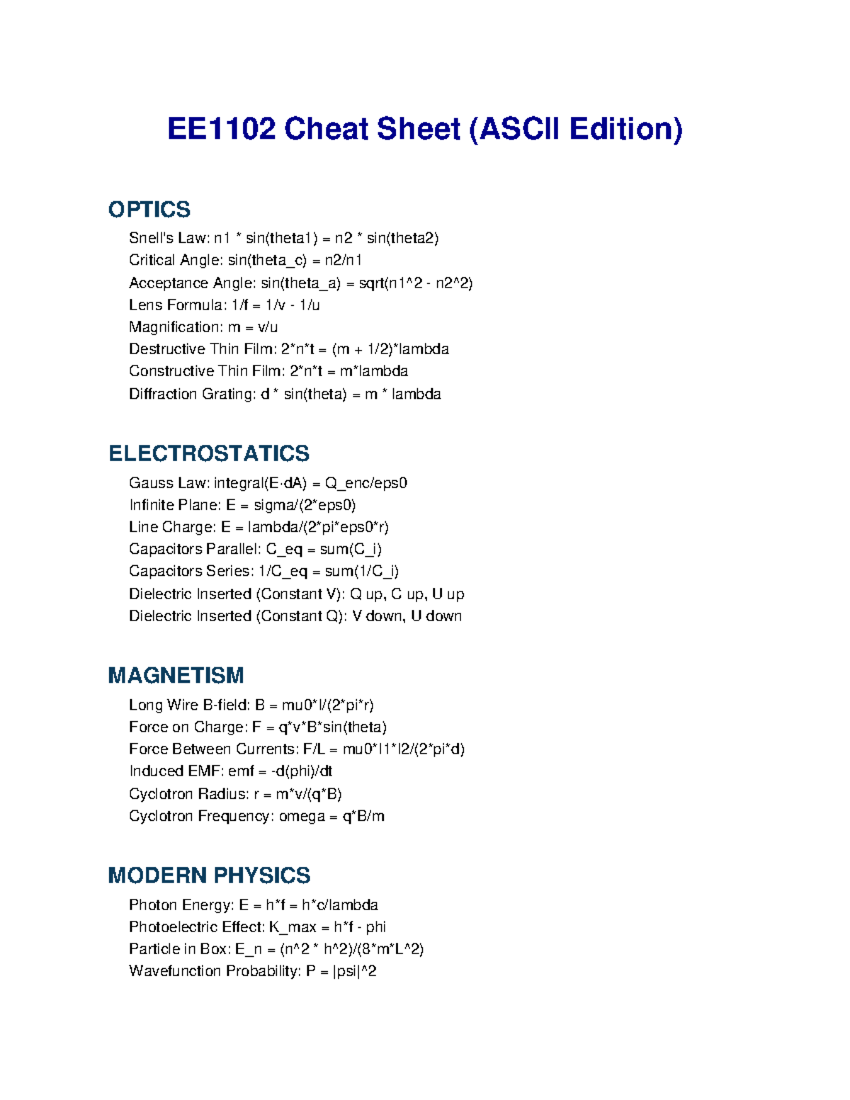 EE1102 Final Exam Cheat Sheet: Key Concepts in Physics - Studocu
