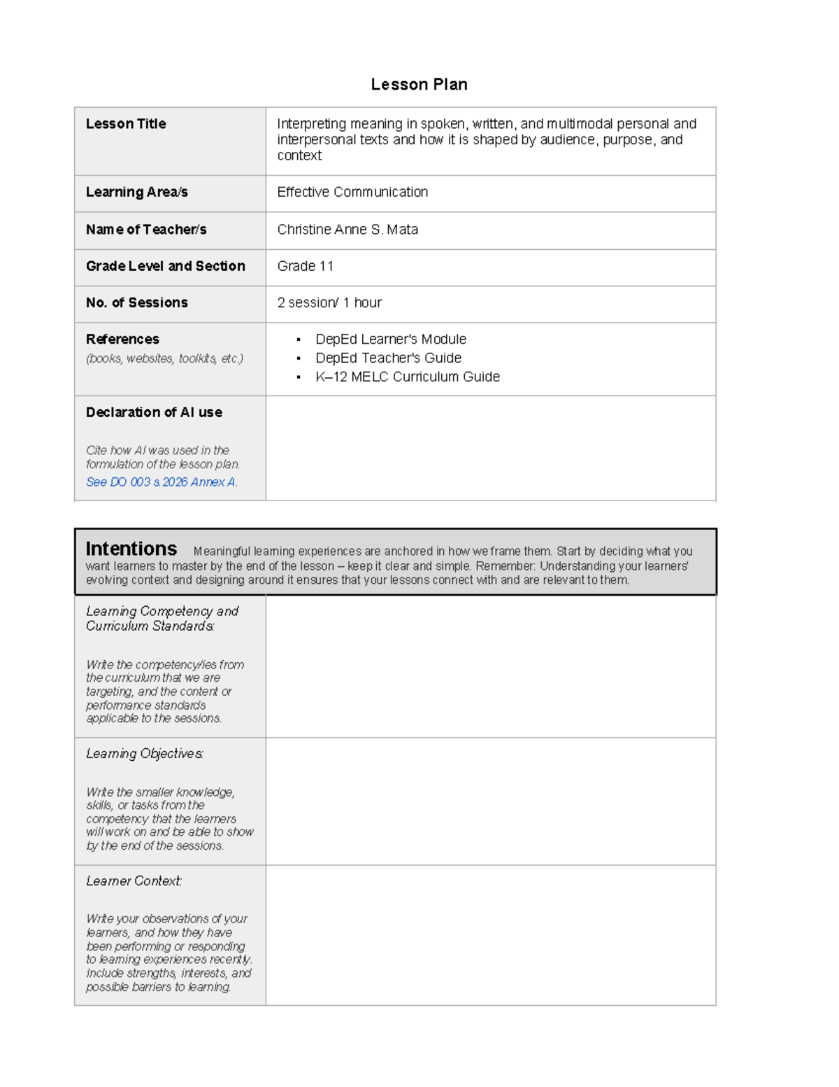 Grade 11 Lesson Plan: Interpreting Meaning in Texts (2 Sessions) - Studocu