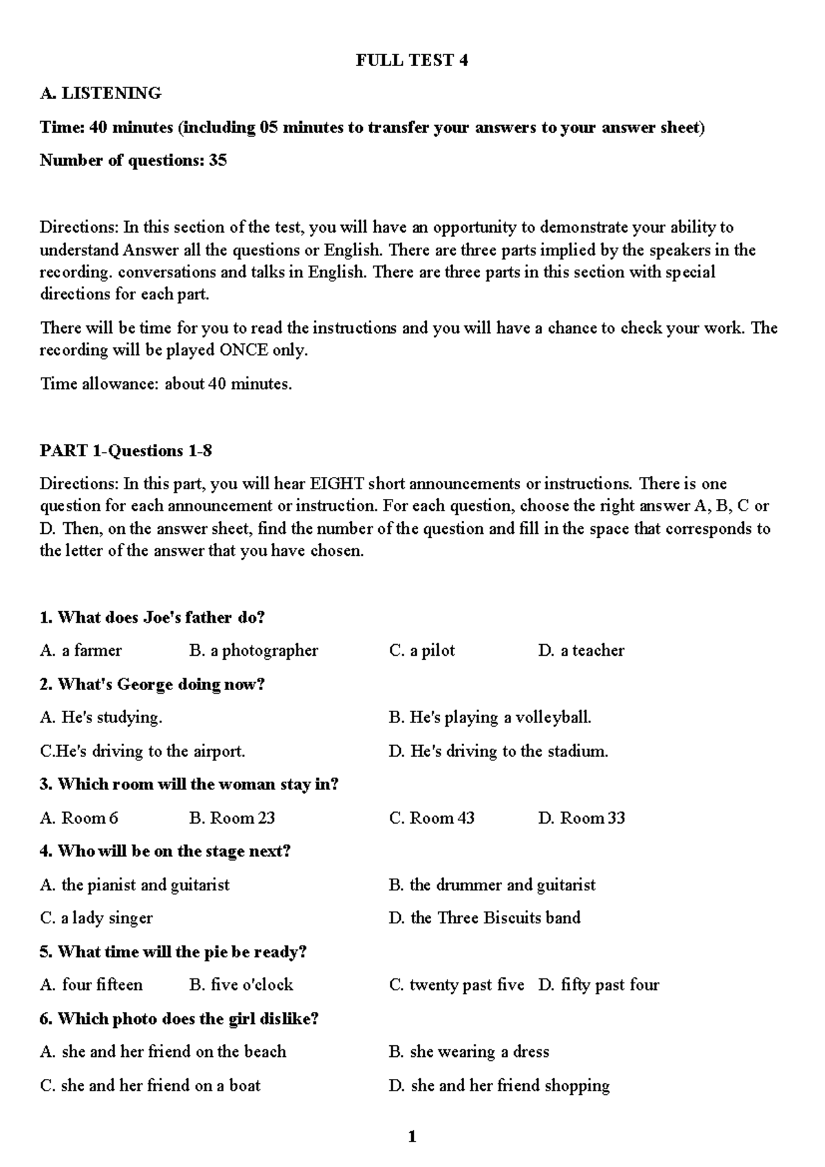 FULL TEST 4 - Listening & Reading Comprehension Exam - Studocu