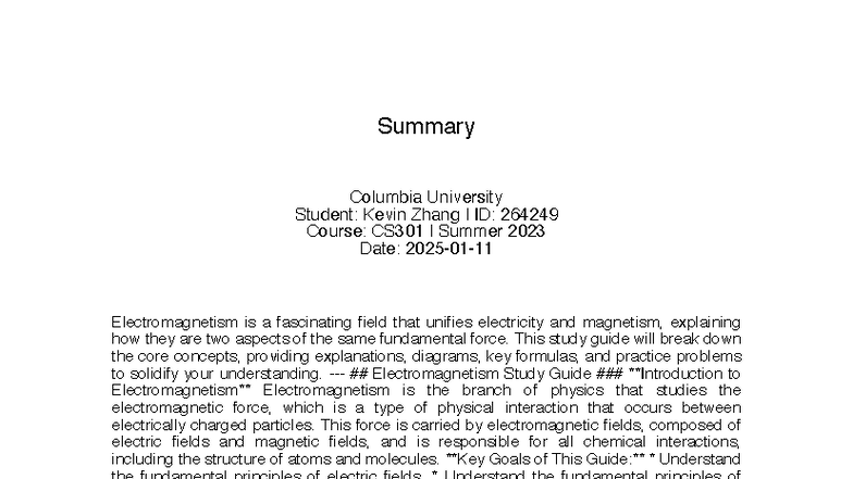 CS301 Summer 2023 Electromagnetism Study Guide - Studocu
