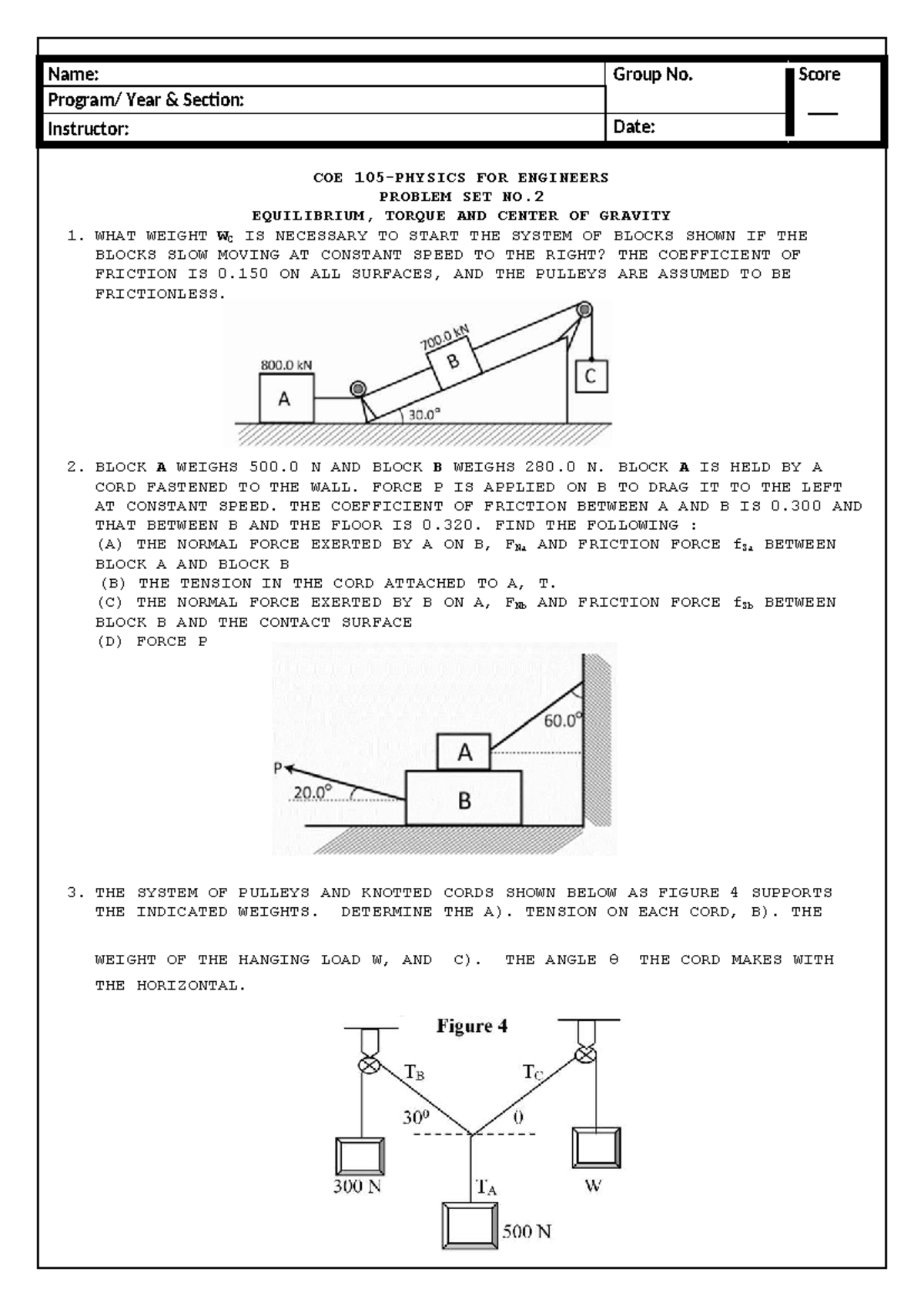 COE FOR ENGINEERS: Problem Set No. 2 - Equilibrium & Torque - Studocu