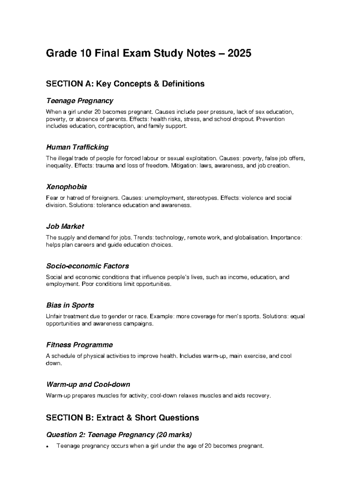 Grade 10 Final Exam Study Notes 2025: Key Concepts & Definitions - Studocu