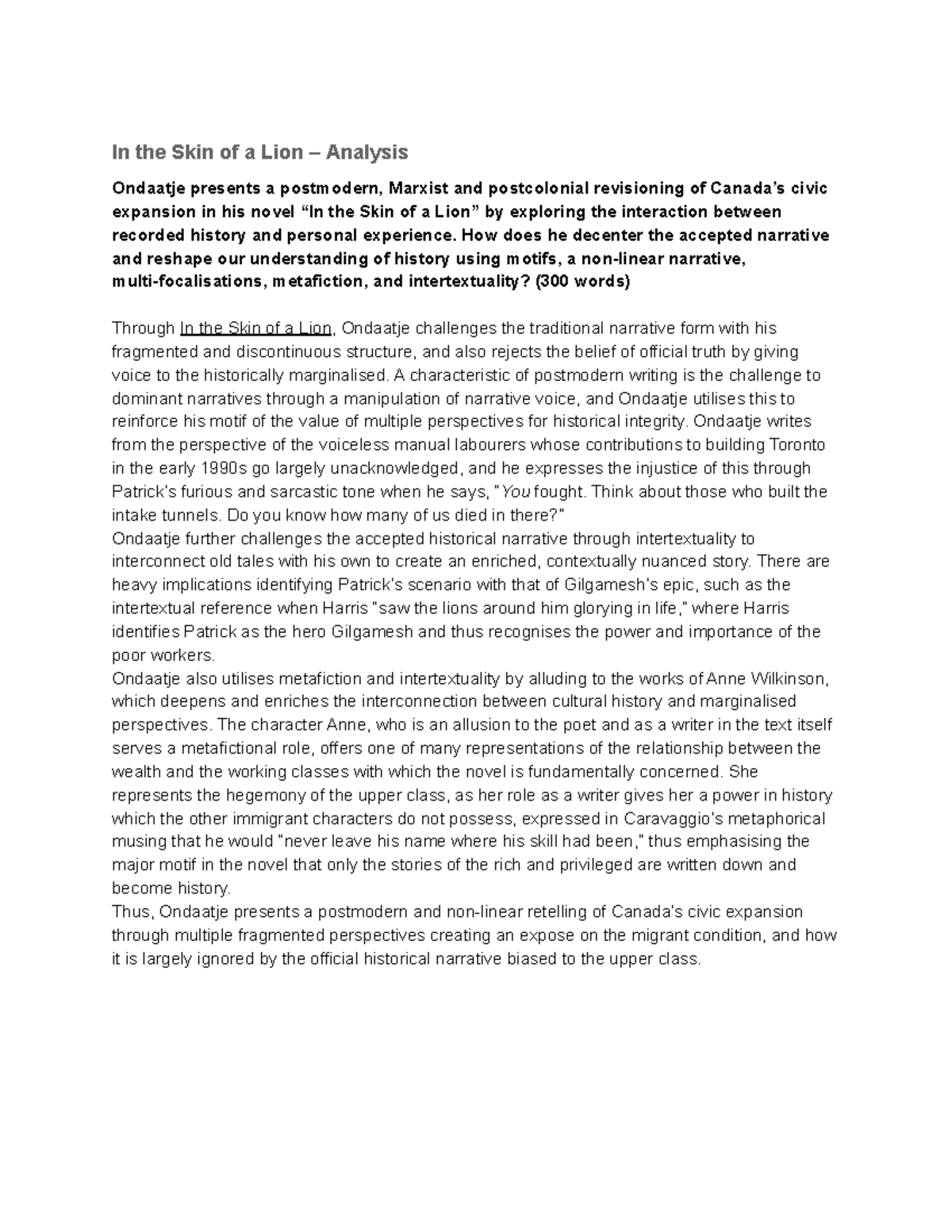 Prelim English: Analysis of Ondaatje's In the Skin of a Lion - Studocu