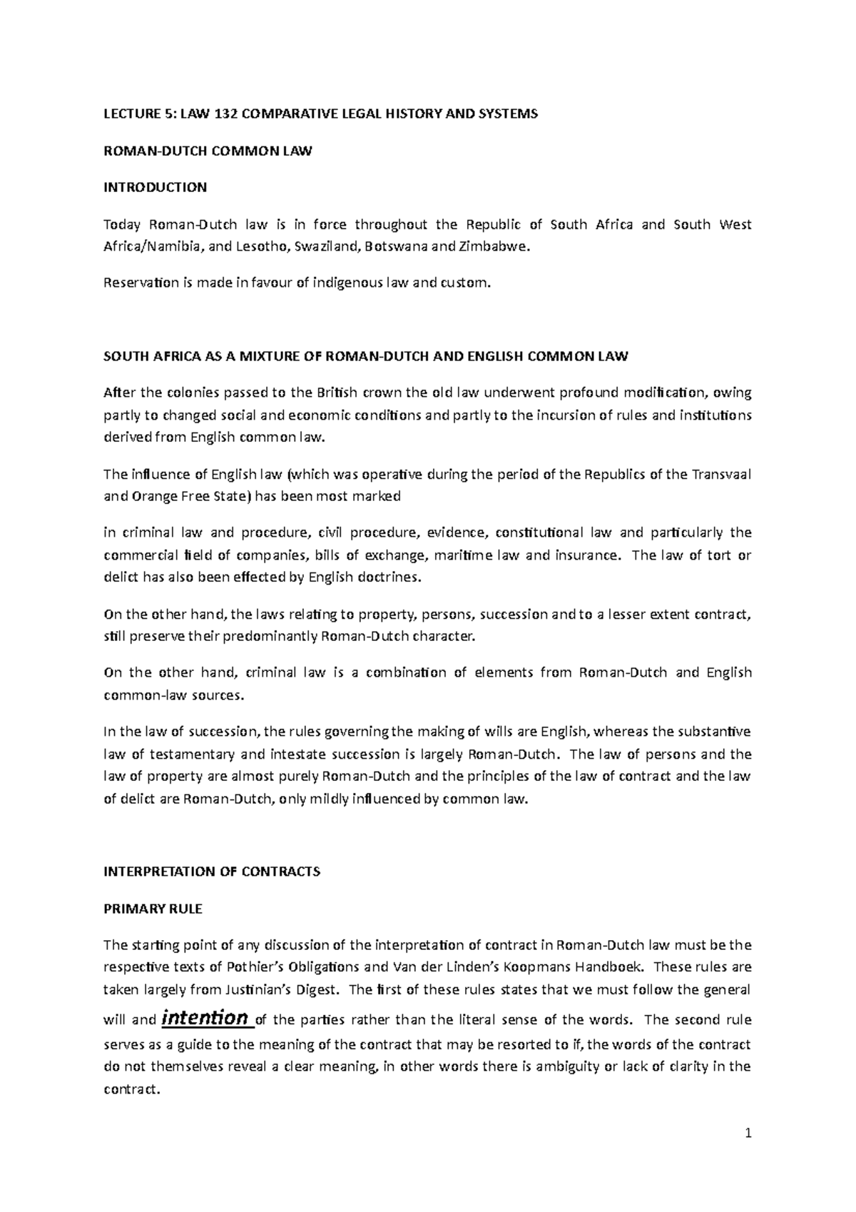 Lecture 5: LAW 132 Roman-Dutch Common Law & Contract Interpretation ...