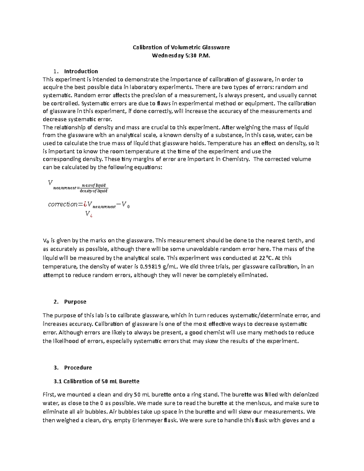 Lab Report 1: Calibration of Volumetric Glassware Techniques and ...