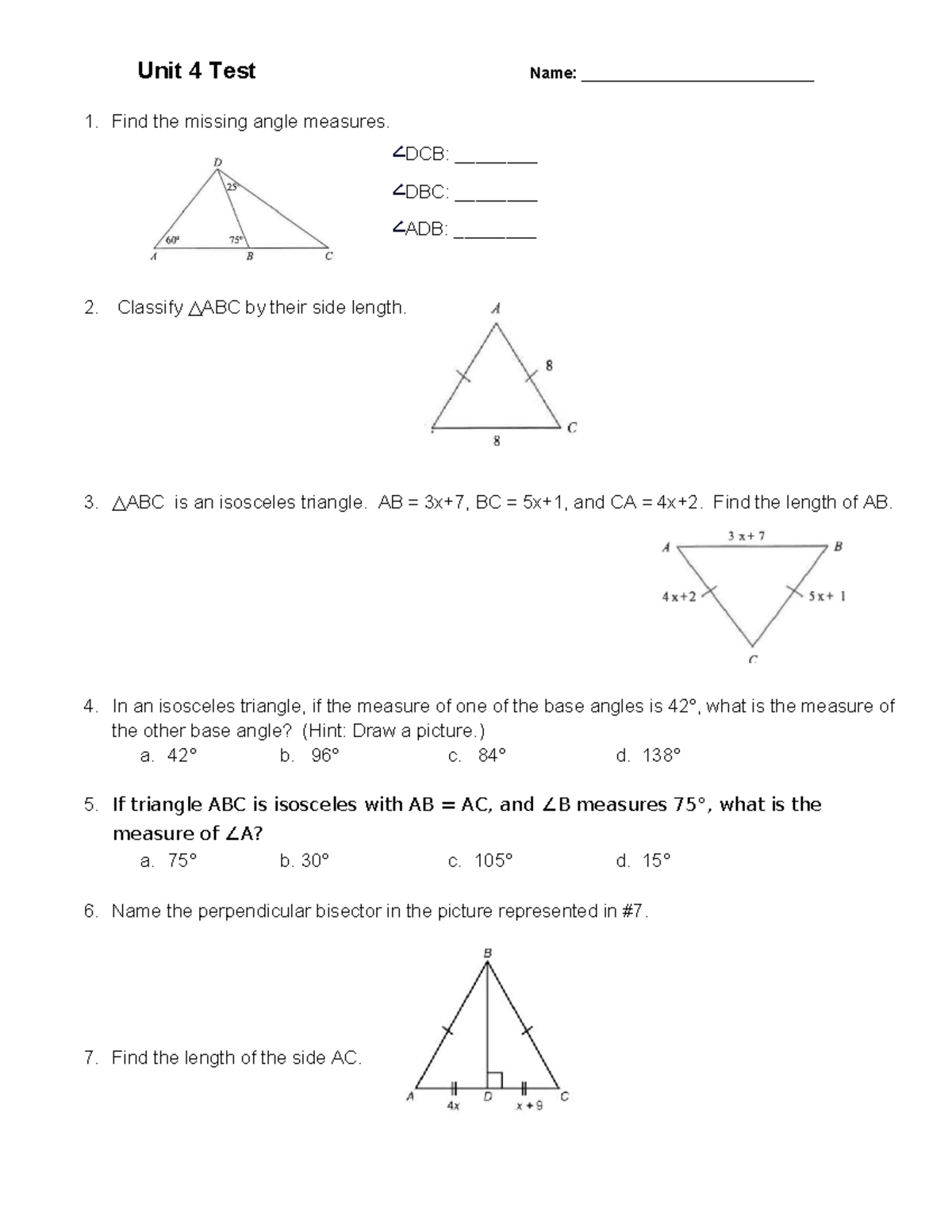 Congruent Triangles Unit 4 Test (Math 101) - Angle Measures ...