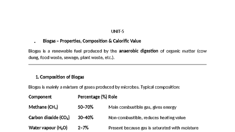 UNIT-5: Short Notes on Biogas Properties and Applications - Studocu