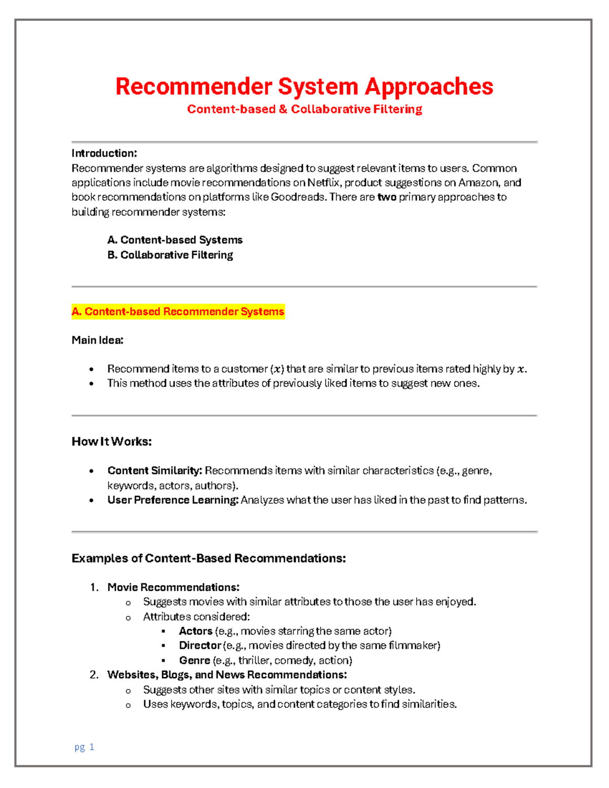 Recommender Systems: Collaborative Filtering Approaches (Course Code ...
