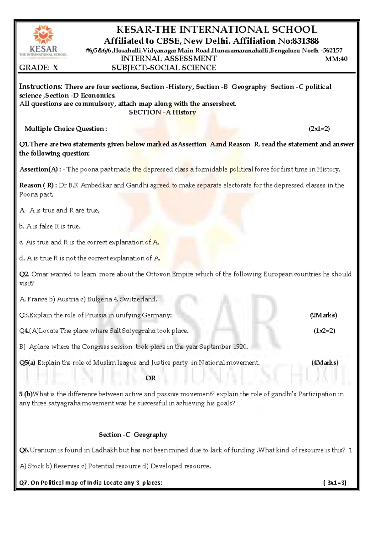 INTERNAL ASSESSMENT SCIENCE GRADE X - CBSE 831388 - Studocu