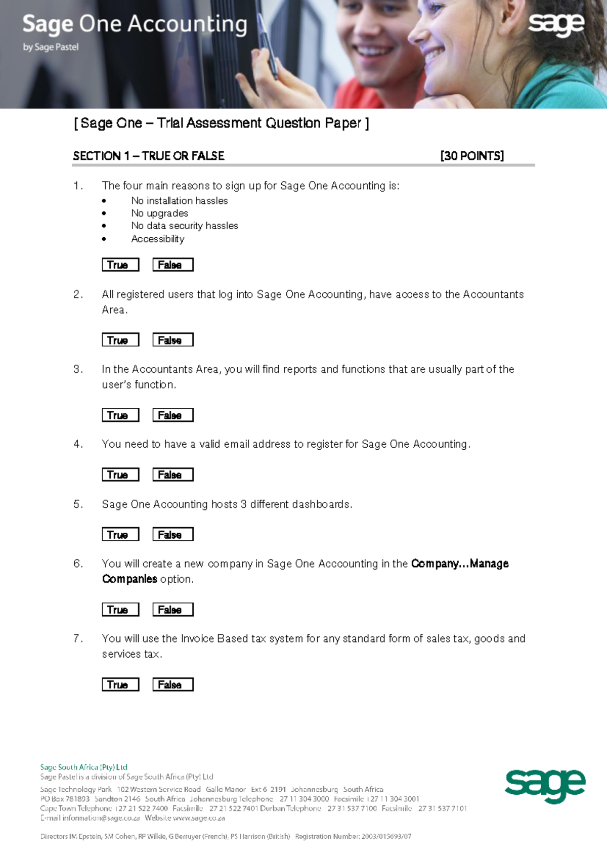 Sage One Accounting Trial Assessment Questions and Answers - Studocu
