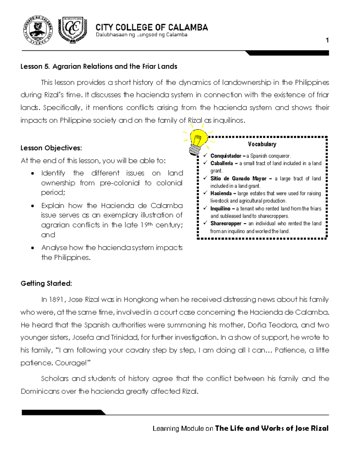 Lesson 5: Agrarian Relations and the Friar Lands - Jose Rizal's Context ...