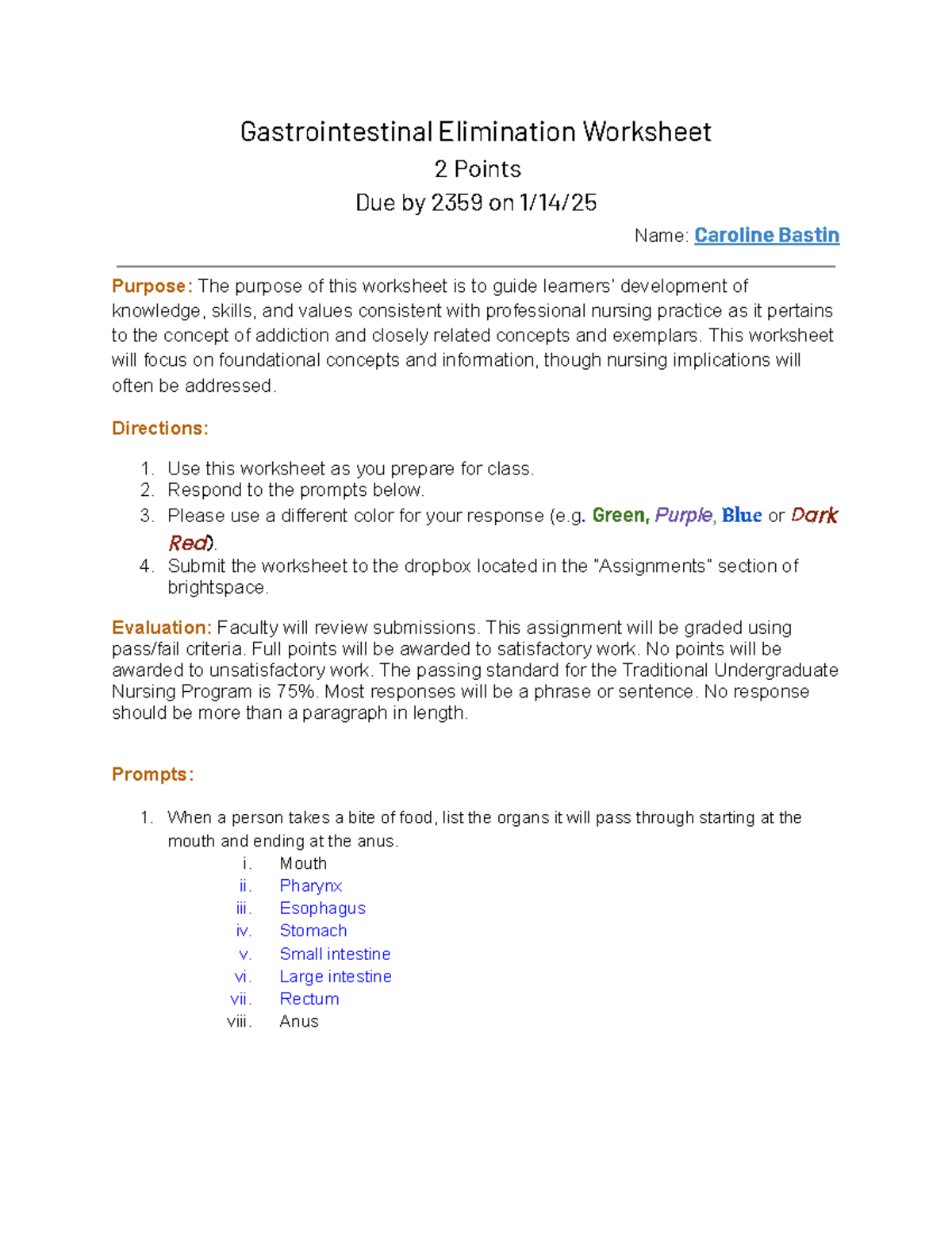 Gastrointestinal Elimination Worksheet for Nursing Practice (NURS 101 ...