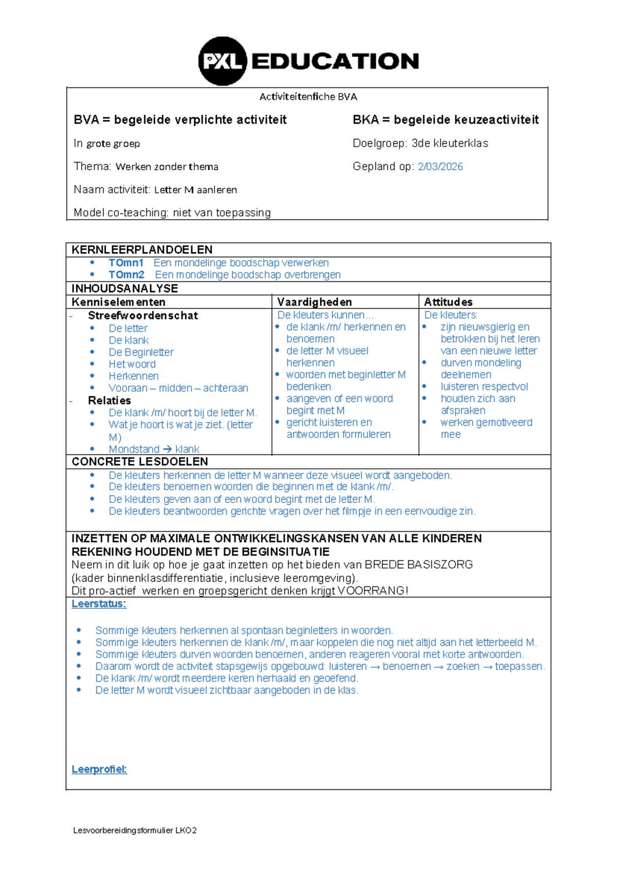 Activiteitenfiche Taal - Letter M Aanleren voor 3de Kleuterklas - Studocu