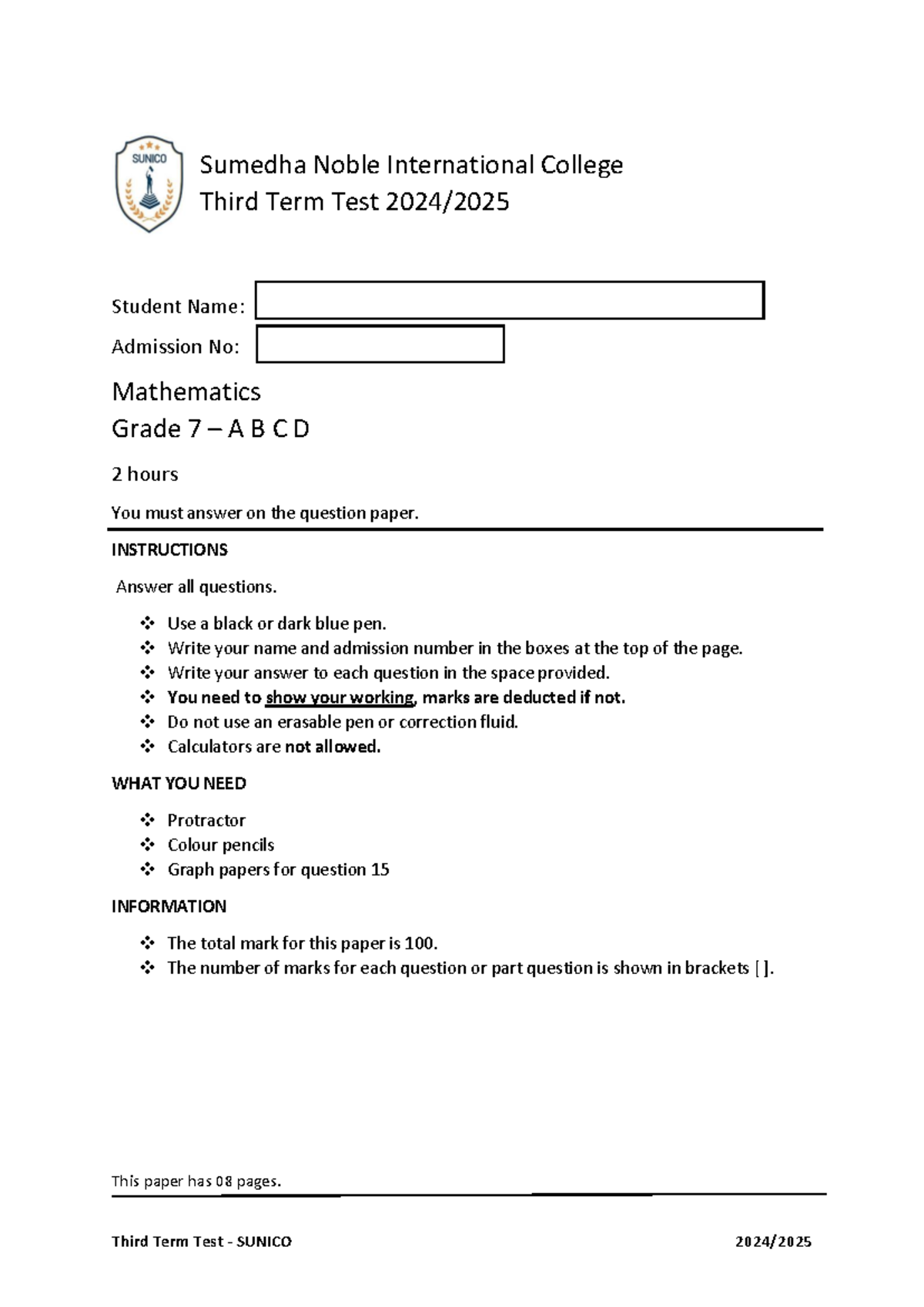 3rd Term Test - Mathematics - Grade 7 - A B C D - SUNICO - Studocu