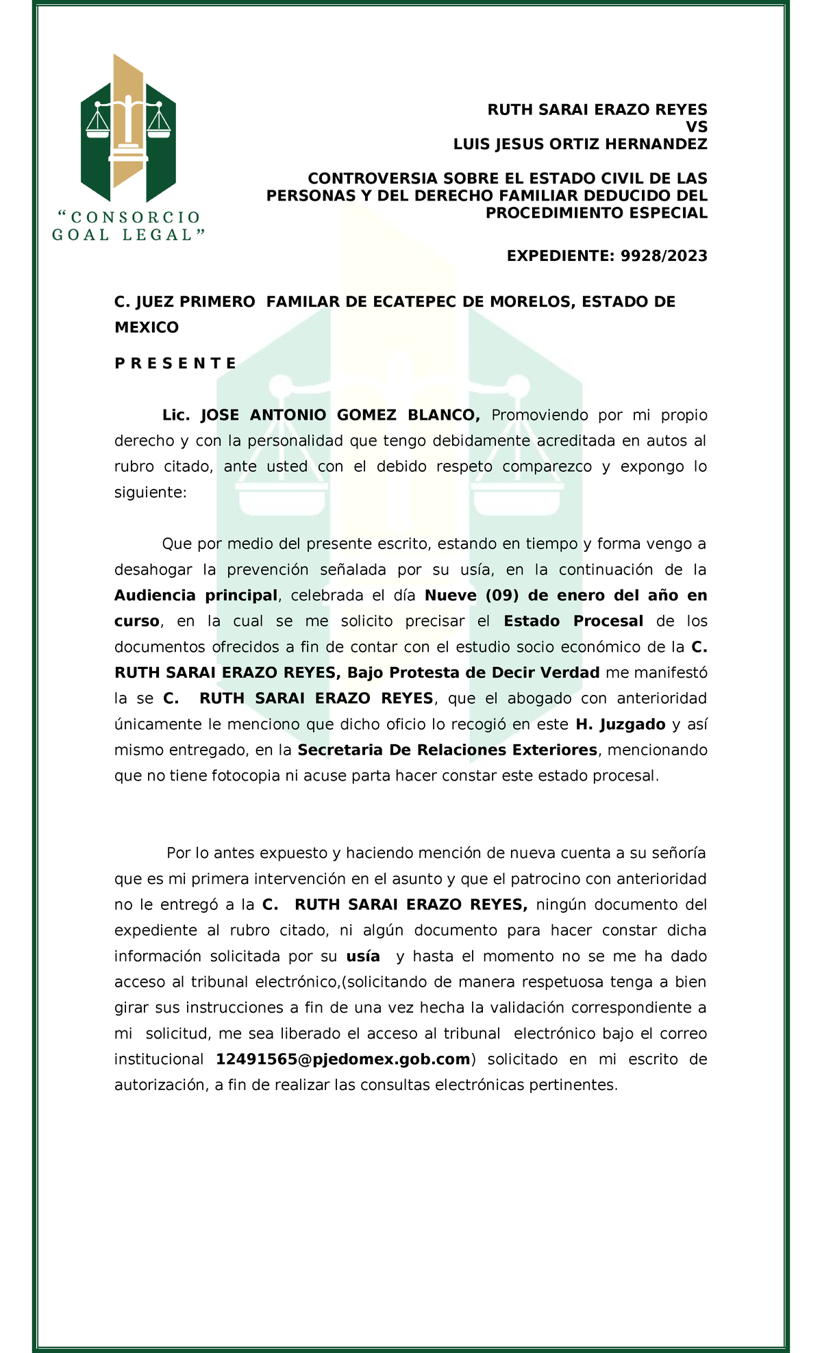 prevencion juicio - RUTH SARAI ERAZO REYES VS LUIS JESUS ORTIZ ...