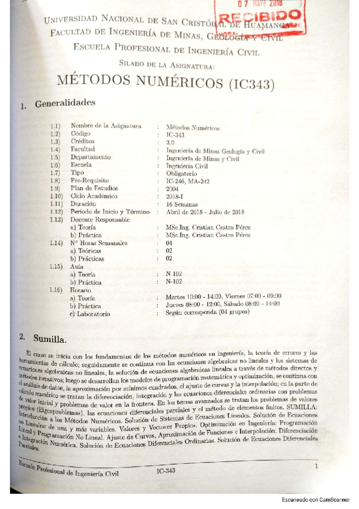 Silabo de Métodos Numéricos (IC343) - Universidad Nacional San Cristóbal - Studocu