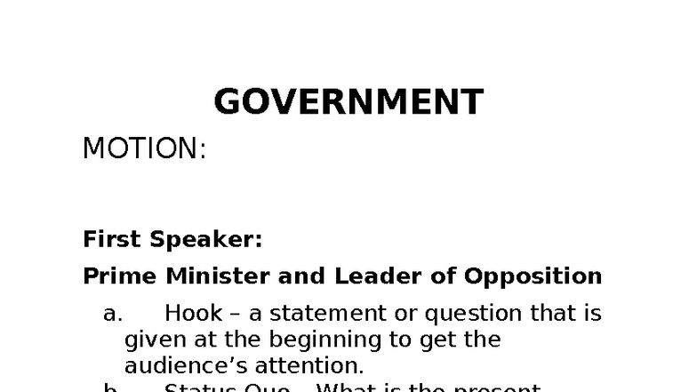 GOVT 101: Government Motion Preparation Template for Debates - Studocu