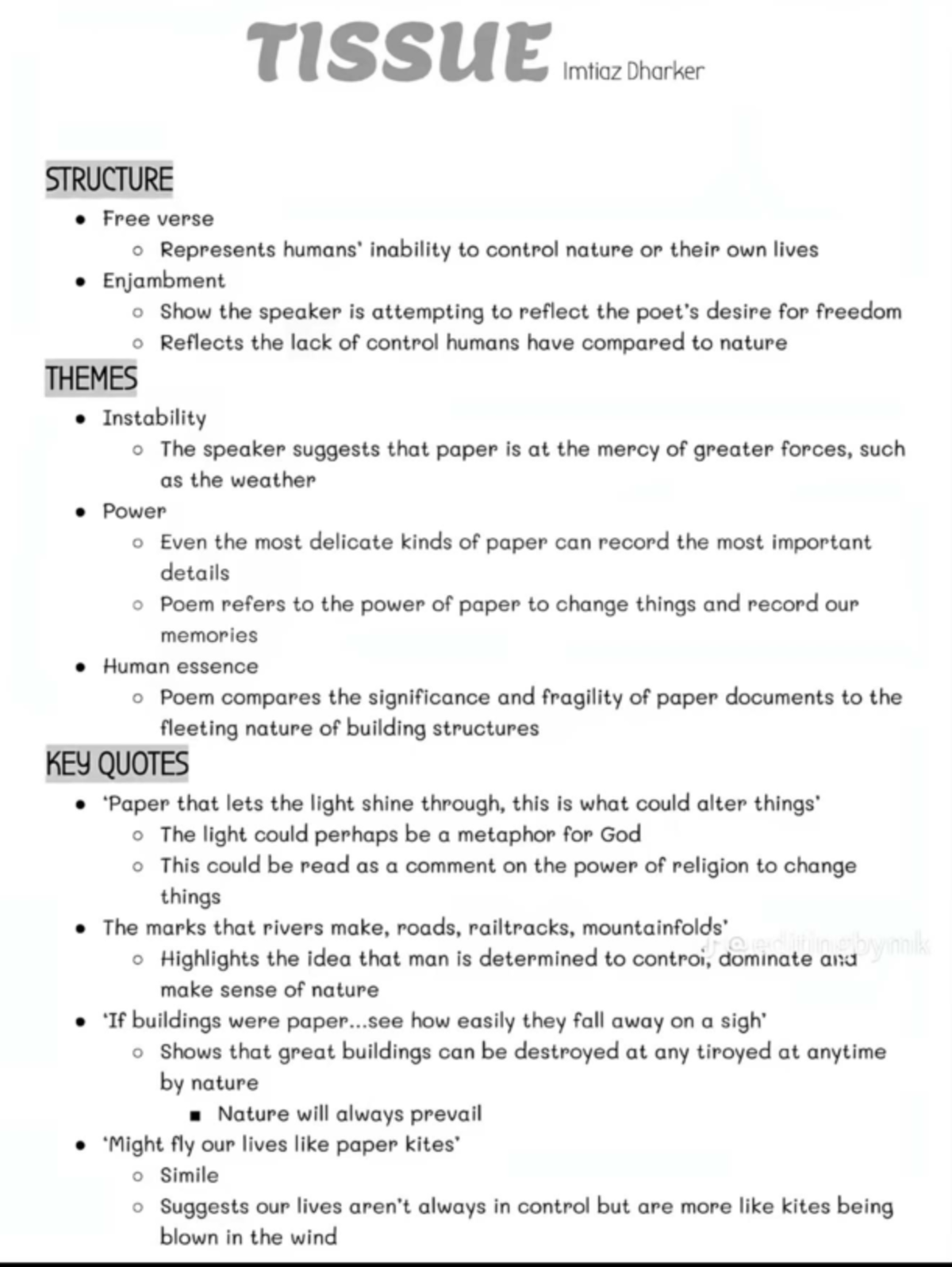 Tissue (ENG 101) Analysis: Structure, Themes & Key Quotes - Studocu