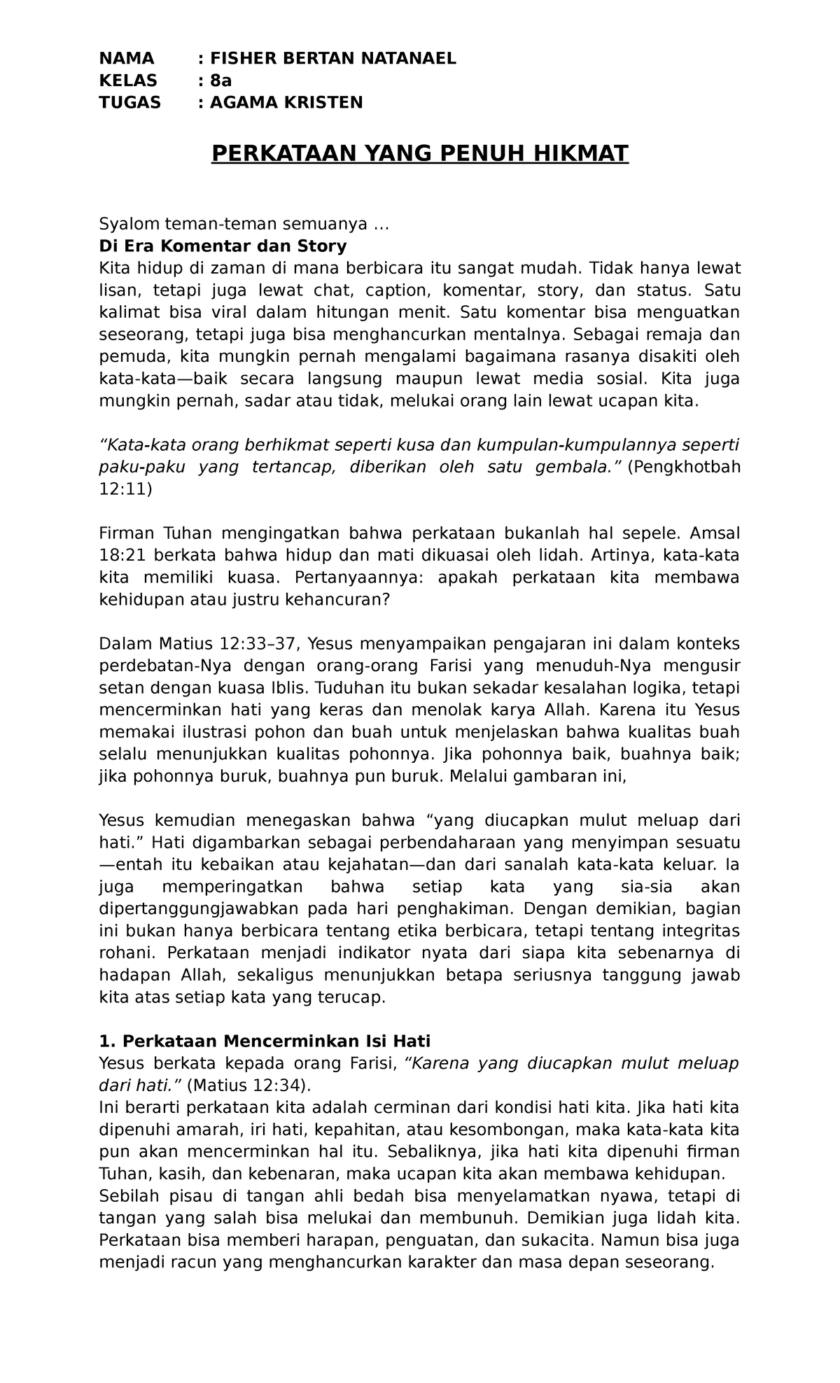 TUGAS AGAMA KRISTEN: Perkataan yang Penuh Hikmat - 8a - Studocu