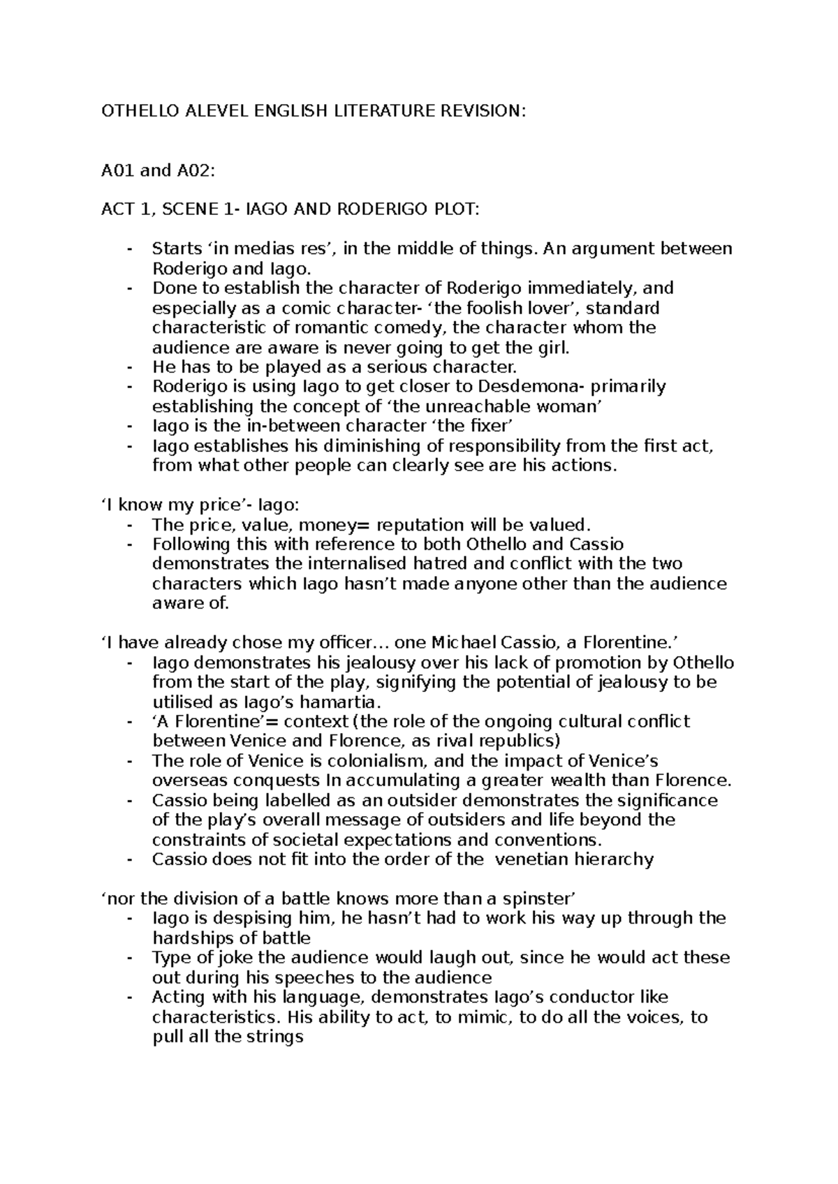 OTHELLO ALEVEL ENGLISH LIT REVISION: ACT 1, SCENE I ANALYSIS - Studocu