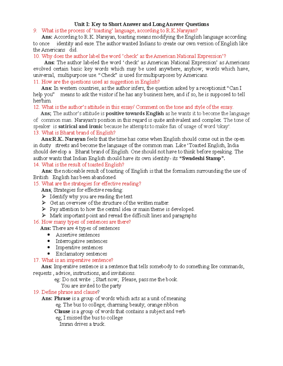 I MID English Question BANK KEY - Unit I: Key to Short Answer and Long ...