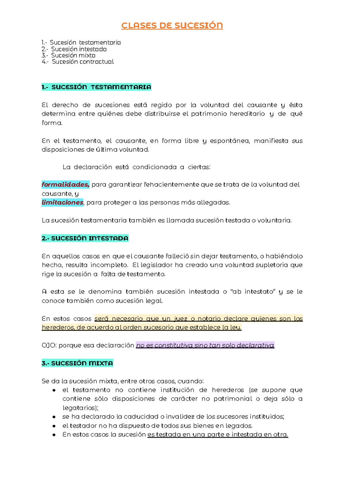 CLASES DE SUCESIÓN: Testamentaria, Intestada, Mixta y Contractual - Studocu